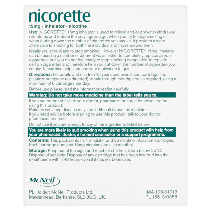 Nicorette 15mg (per cartridge) Nicotine Inhalator - 36 Cartridges ...